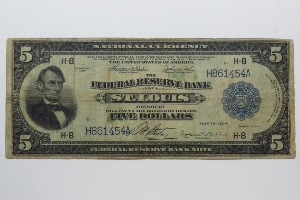 1918 $5 US National Currency - FRB St Louis Missouri - Large Size US ...
