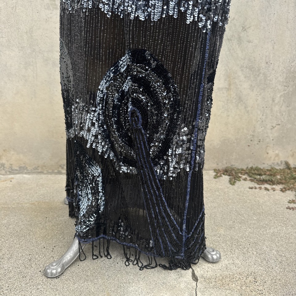 Antique 1920s Dripping Sequin & Beaded Net Dress Geometric Motif Low ...
