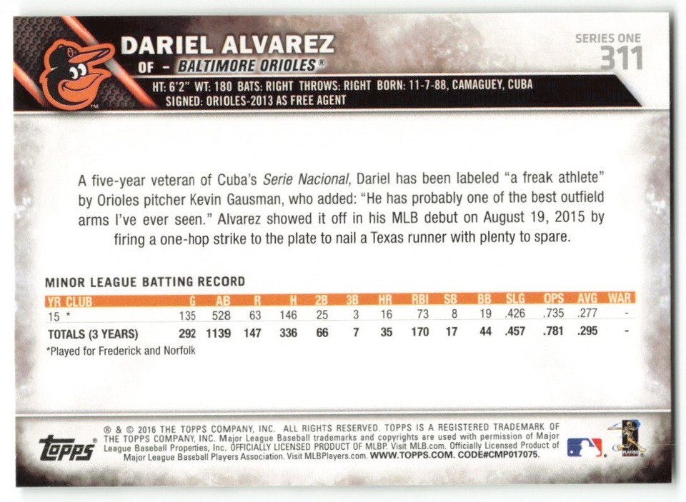 2016 Topps Dariel Alvarez RC Baltimore Orioles #311 Rookie | eBay
