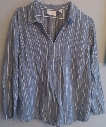 Chico's Linen Rayon Pullover Collared Top Size 3 Blue Metallic Stripe ...