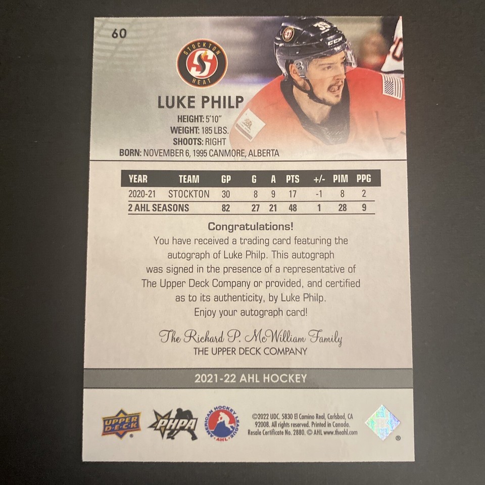 Luke Philp 2021-22 AHL Base Auto #60 - Stockton Heat | eBay