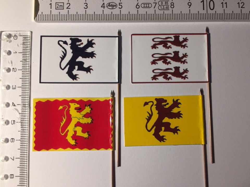 1337) 4x 28mm English Medieval HYW Three Lions Lion Flag Banner Battle ...
