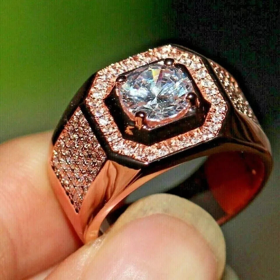 14K Rose Gold Finish 2 Ct Round Real Moissanite Men's Wedding Ring Pass ...