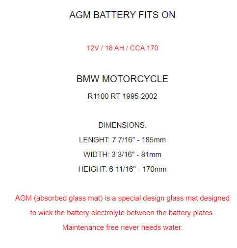 AGM Battery for BMW R1100Rt R1100 Rt 1995 1996 1997 1998 1999 2000 2001 ...