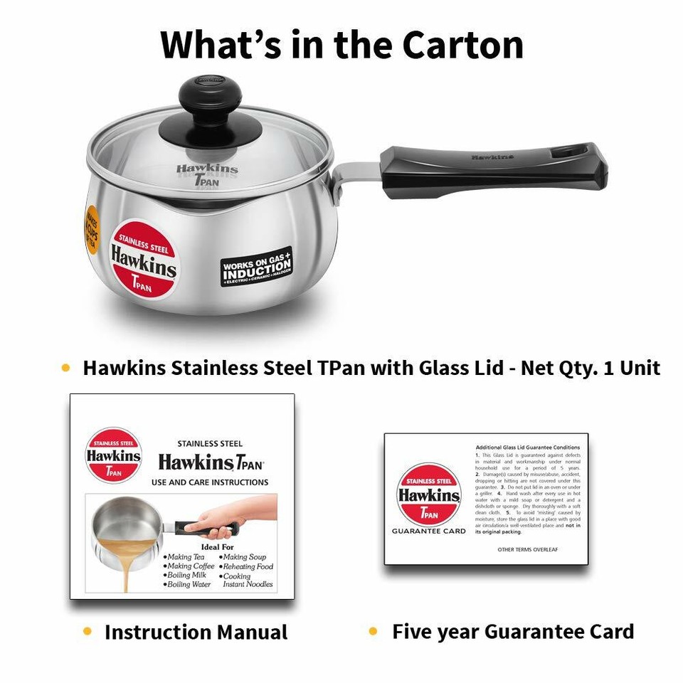 Hawkins Stainless Steel Tpan 1 Liter with Glass Lid, Tea Pan, Induction ...