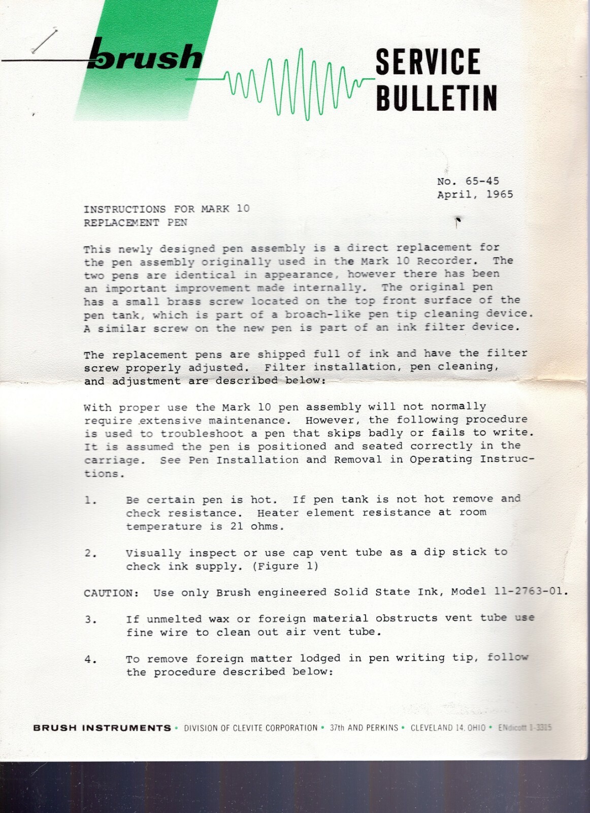 Original Brush Instruments Recorder Mark 10 Replacement Pen Service ...