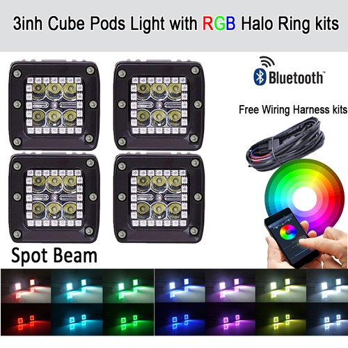 4x 3" 24W Led Work Light Square Cube Pods & RGB Halo Strobe Music ...