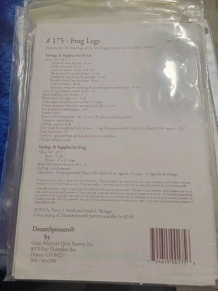 Sewing Pattern Dream Spinners 175 Frog Legs Beanbag Witch Frog Broom ...