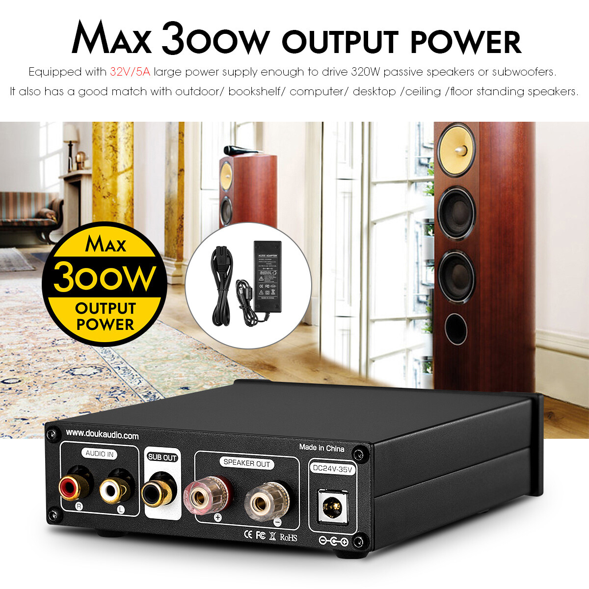 Hi-Fi 300W Subwoofer Amplifier Mono Channel Power Amp Home Audio Gain ...