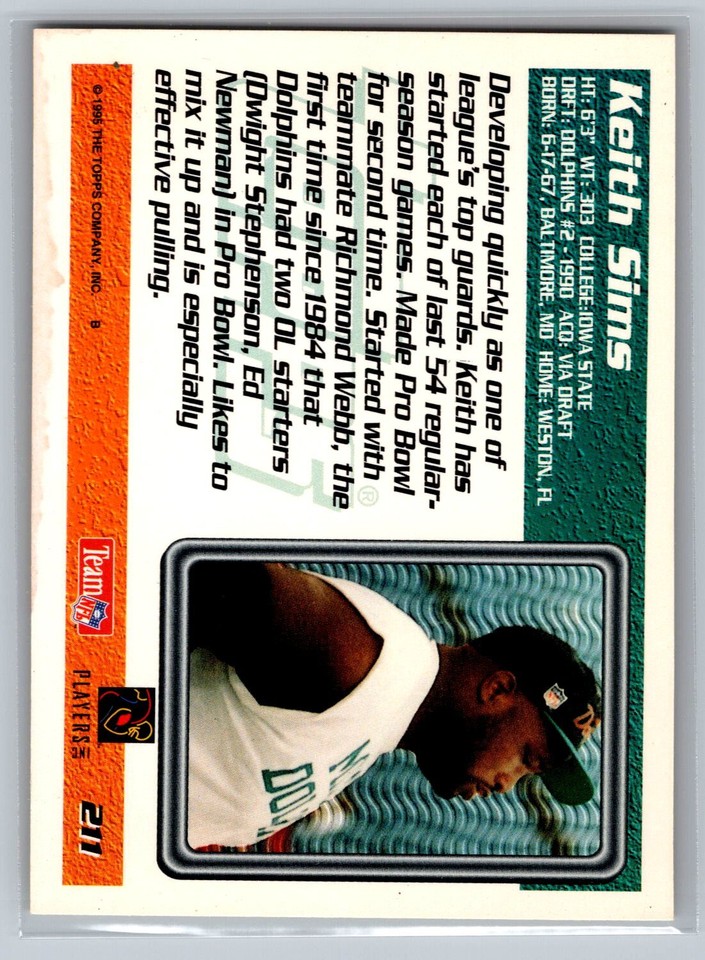 1995 Topps Football #211 Keith Sims Miami Dolphins | eBay