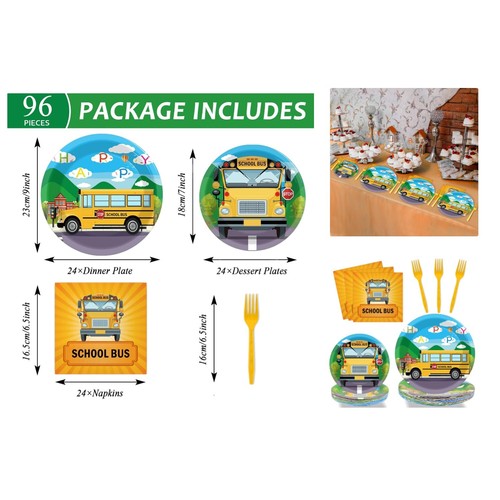Complete School Bus Party Set - 96 Disposable Plates & Napkins for ...