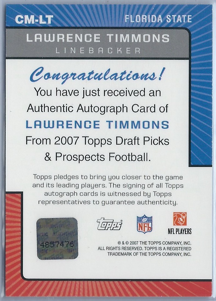2007 Topps DPP Football Lawrence Timmons Class Marks Florida State ...