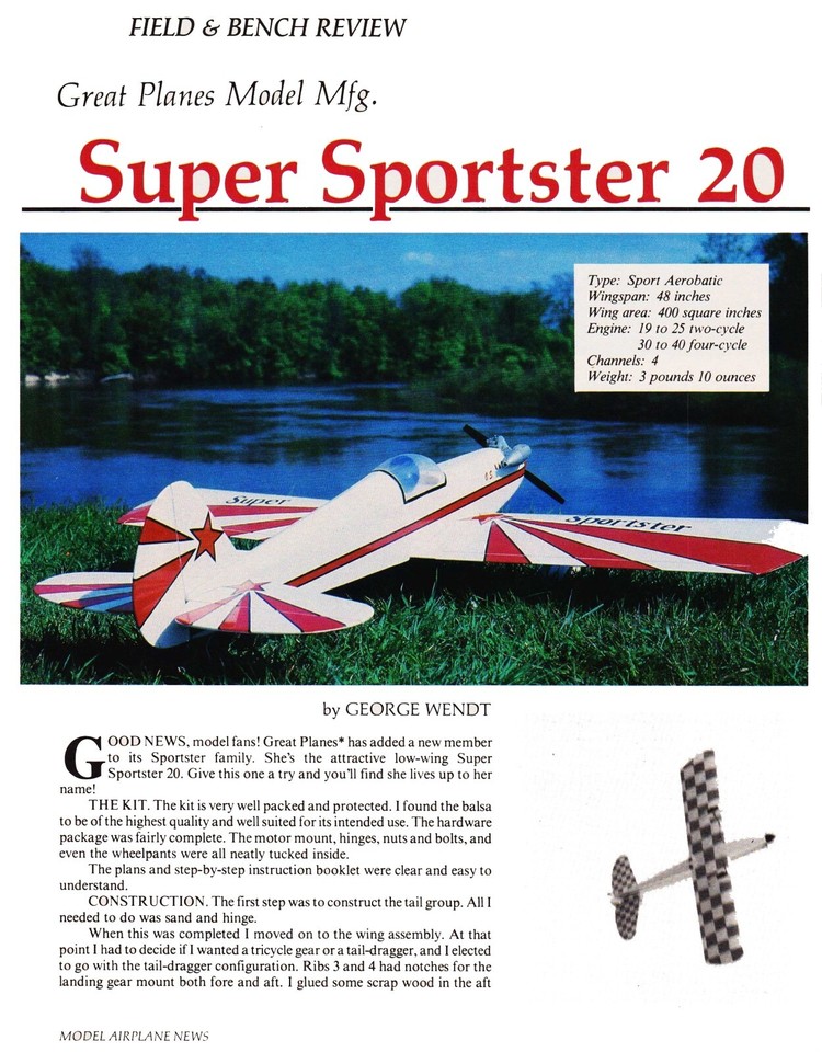Great Planes Model Airplane Plans (RC): SUPER SPORTSTER 20 48" for .19 ...