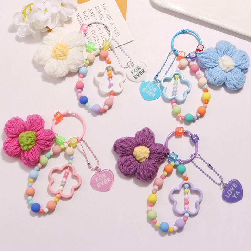 Cartoon Wool Knitted Flowers Key Chains Beaded Wristlet Lanyard ...