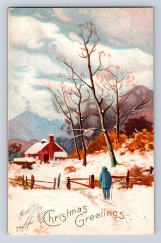 VINTAGE 1900S CHRISTMAS GREETINGS WINTER SCENE HOUSE, MAN POSTCARD DP ...