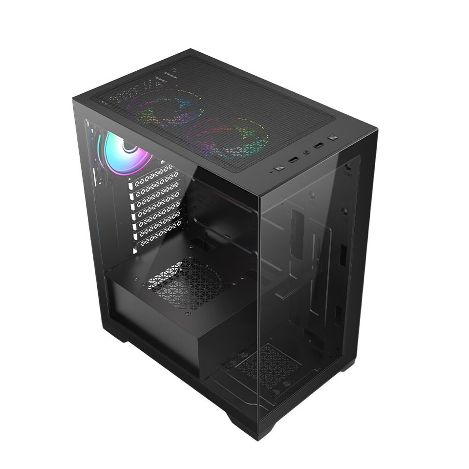 Gaming PC Case Black Mid Tower Full View Tempered Glass Panels 3x ARGB ...