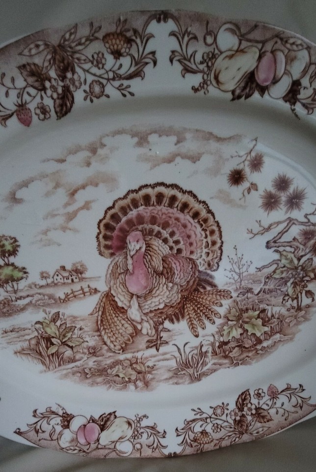 Thanksgiving 18" Oval Turkey vintage colorful transferware serving ...