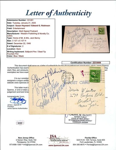 Susan Hayward Edward Robinson JSA Coa Signed 1948 Photo Postcard ...
