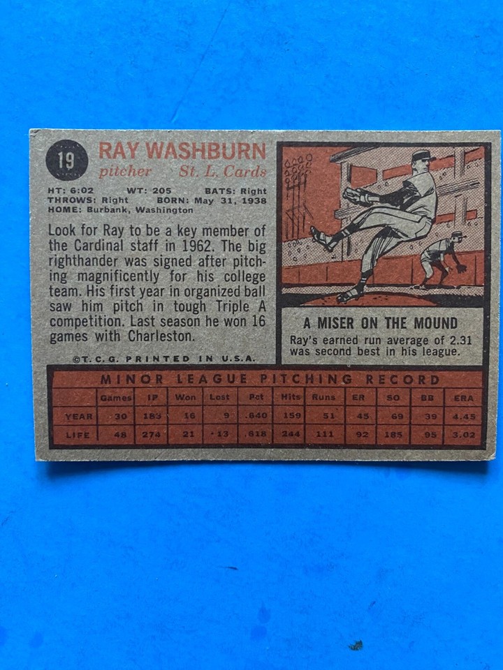 RAY WASHBURN - ST. LOUIS CARDINALS PITCHER - 1962 TOPPS BASEBALL CARD ...