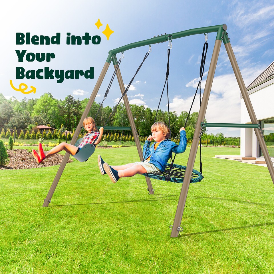 7.5ft Tall Heavy Duty Metal Swing Set Kids Adult Outdoor Playet w/2 ...