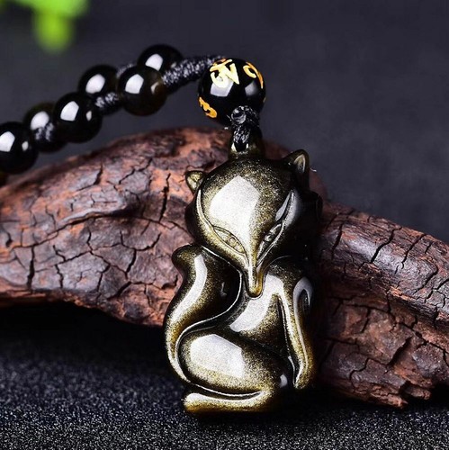 Natural Crystal Golden Obsidian Fox Necklace Pendant Bead with ...