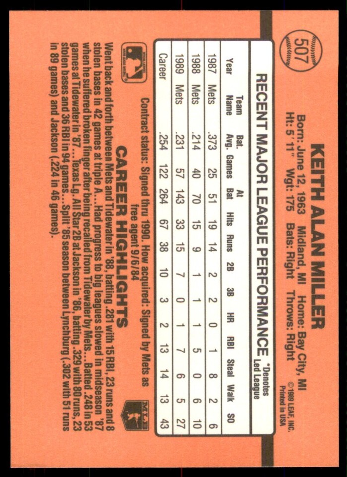 1990 DONRUSS KEITH MILLER NEW YORK METS #507 | eBay