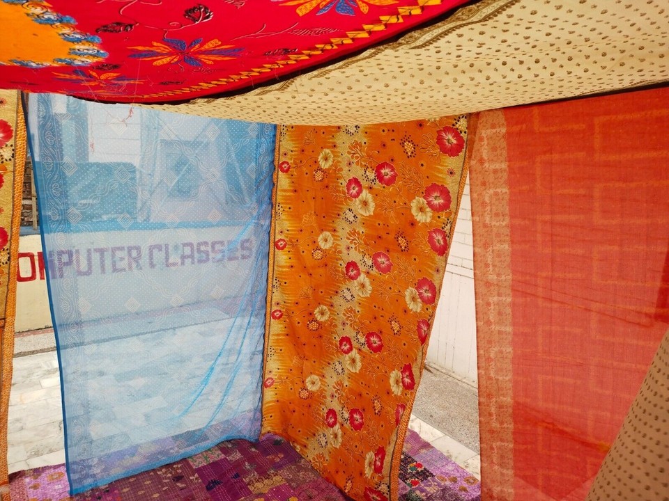 Indian Silk Sari Bed Canopy Four Post Bed Canopy Drapes Vintage fabric ...