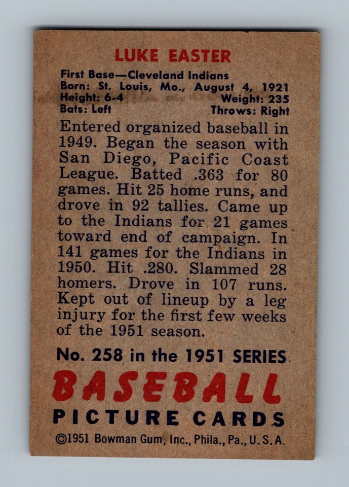 1951 Bowman #258 Luke Easter Rookie VGEX-EX Cleveland Indians Baseball ...