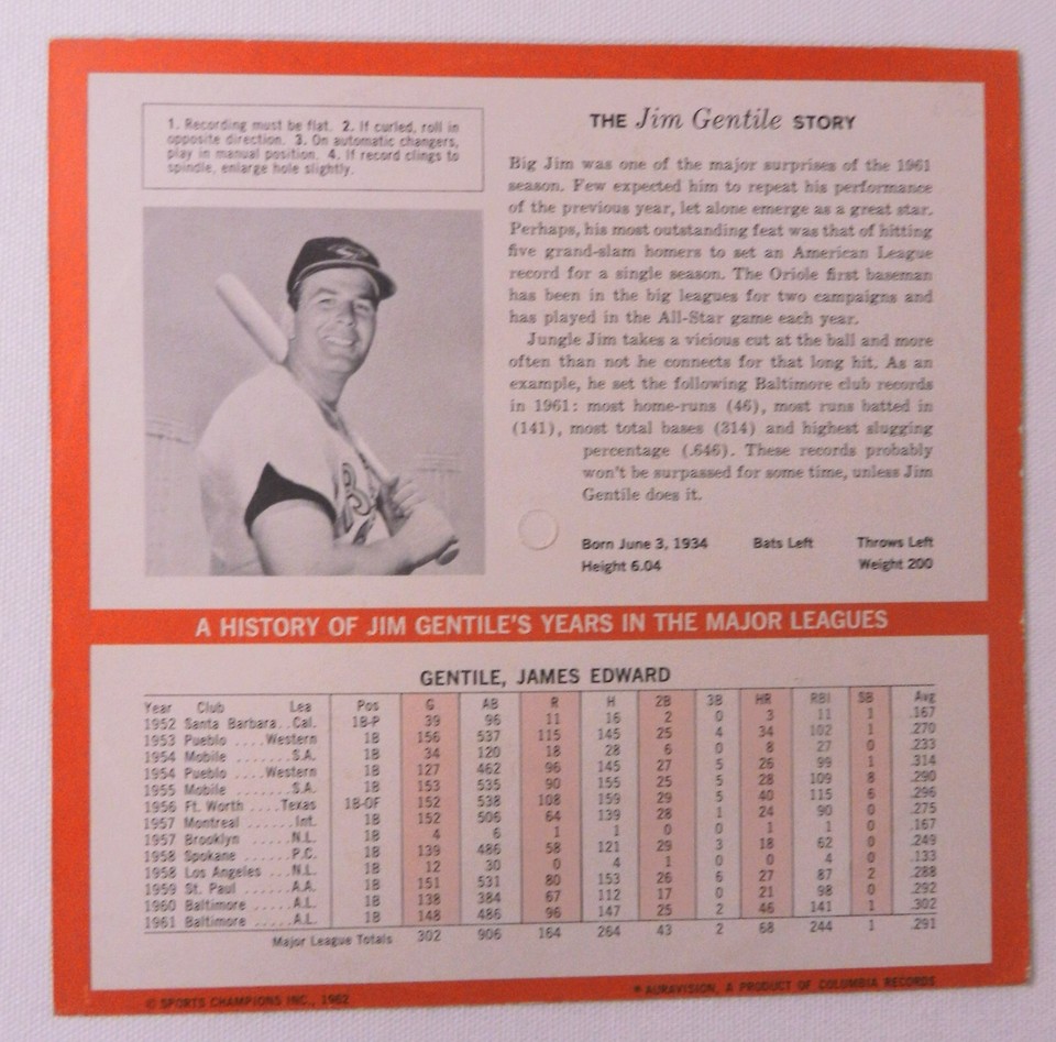 1962 Jim Gentile Auravision Sport Champions Baseball Columbia Record | eBay