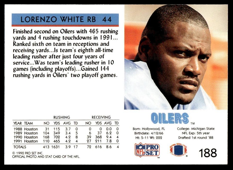 1992 Pro Set 188 Lorenzo White Houston Oilers Football Card | eBay