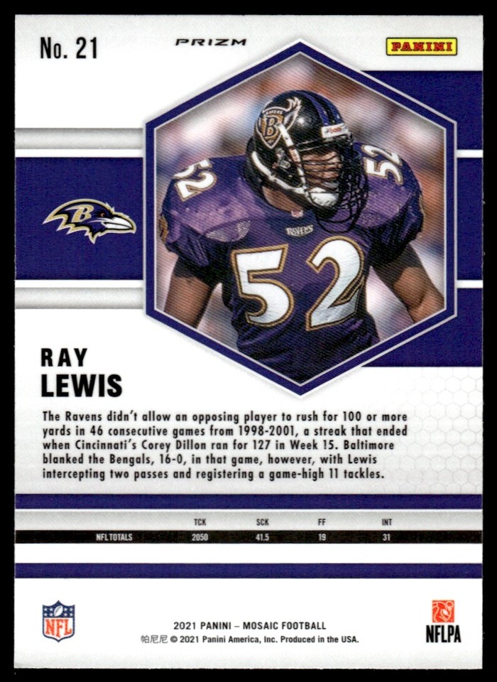 2021 Panini Mosaic Reactive Orange Prizm Ray Lewis Baltimore Ravens #21 ...