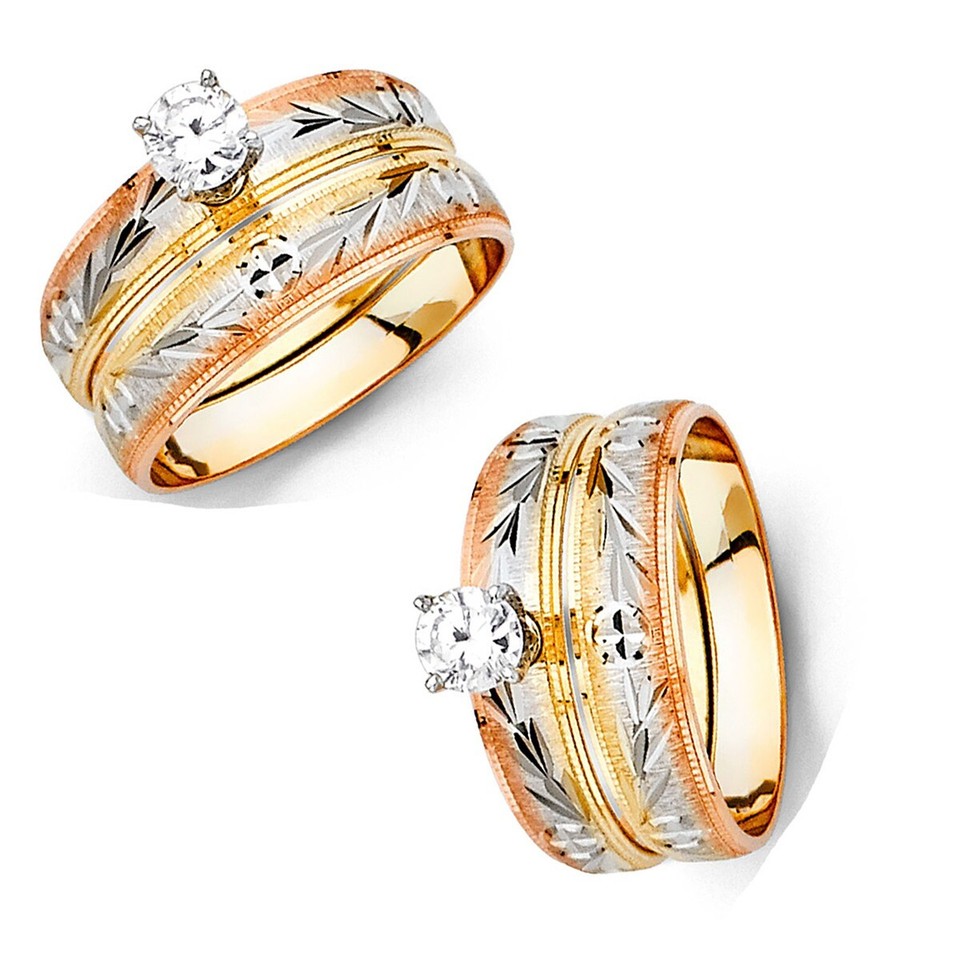 Gold 14K Tri Color Gold Cubic Zirconia Engagement Ring and Ladies ...