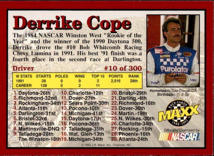 1992 Derrike Cope #10 Whitcomb Racing | eBay