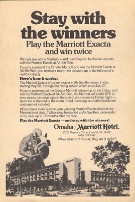 1982 PRINT AD MARRIOTT HOTEL OMAHA,NEBRASKA AK-SAR-BEN HORSE RACE TRACK ...