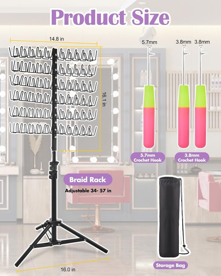 120 Pegs, Height Adjustable 2-side Braiding Rack Stand for Hair, Hair ...
