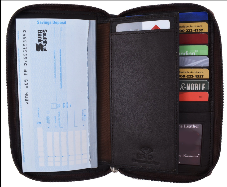 RFID Blocking Genuine Leather Checkbook Secretary Wallet 2 Zipper Card ...