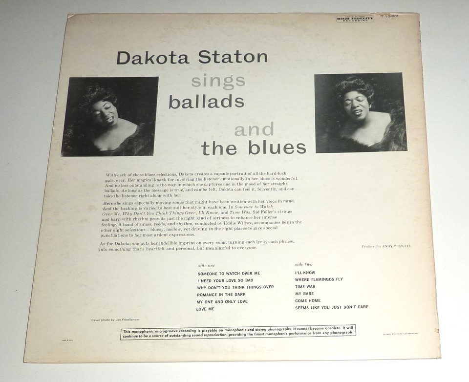 12" VINYL LP by DAKOTA STATON "SINGS BALLADS AND THE BLUES" / JAZZ ...