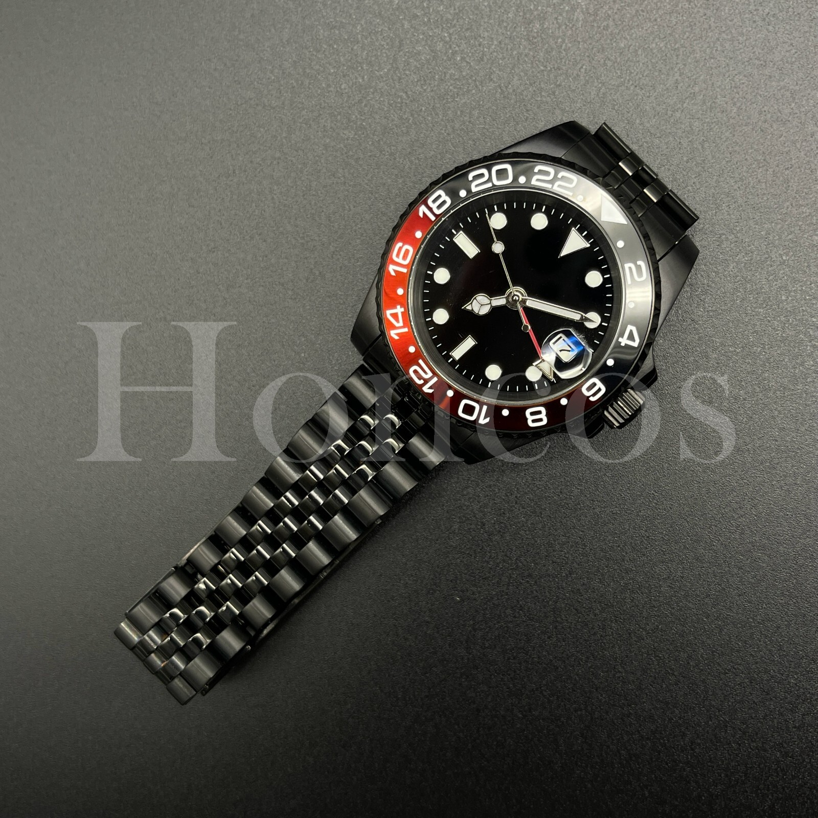 Custom Made GMT Pepsi Style Watch Automatic Movement BLK/RD Bezel Black ...