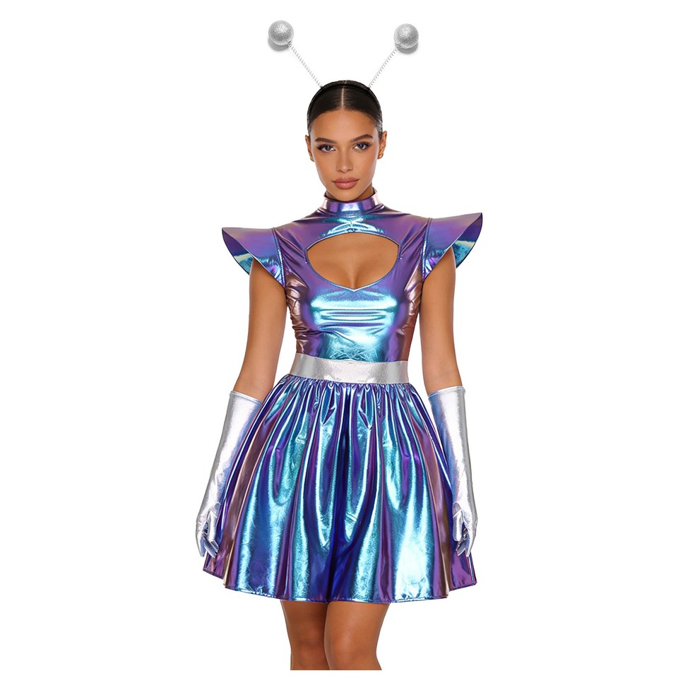 Women Set Shiny Dress Outerspace Costume Halloween Cosplay Neck ...