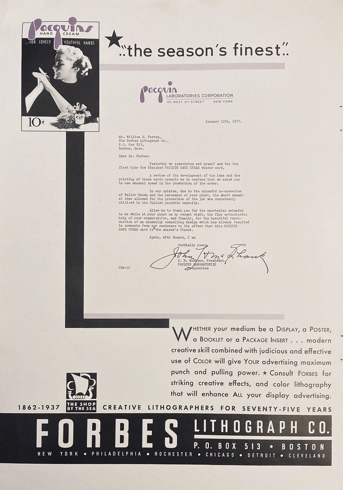 1937 AD(L3)~FORBES LITHO CO. BOSTON. PACQUINS HAND CREAM LITHO ADVERTISMENT | eBay