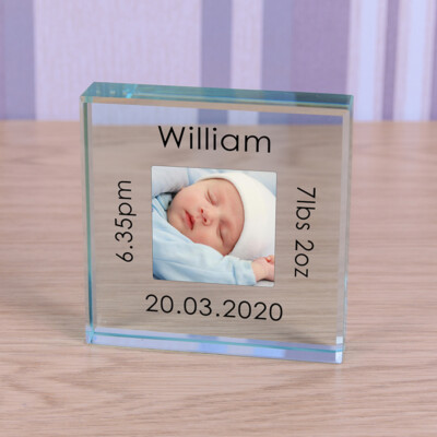 Personalised New Baby Arrival Glass Photo Token Boy Girl Ornament ...