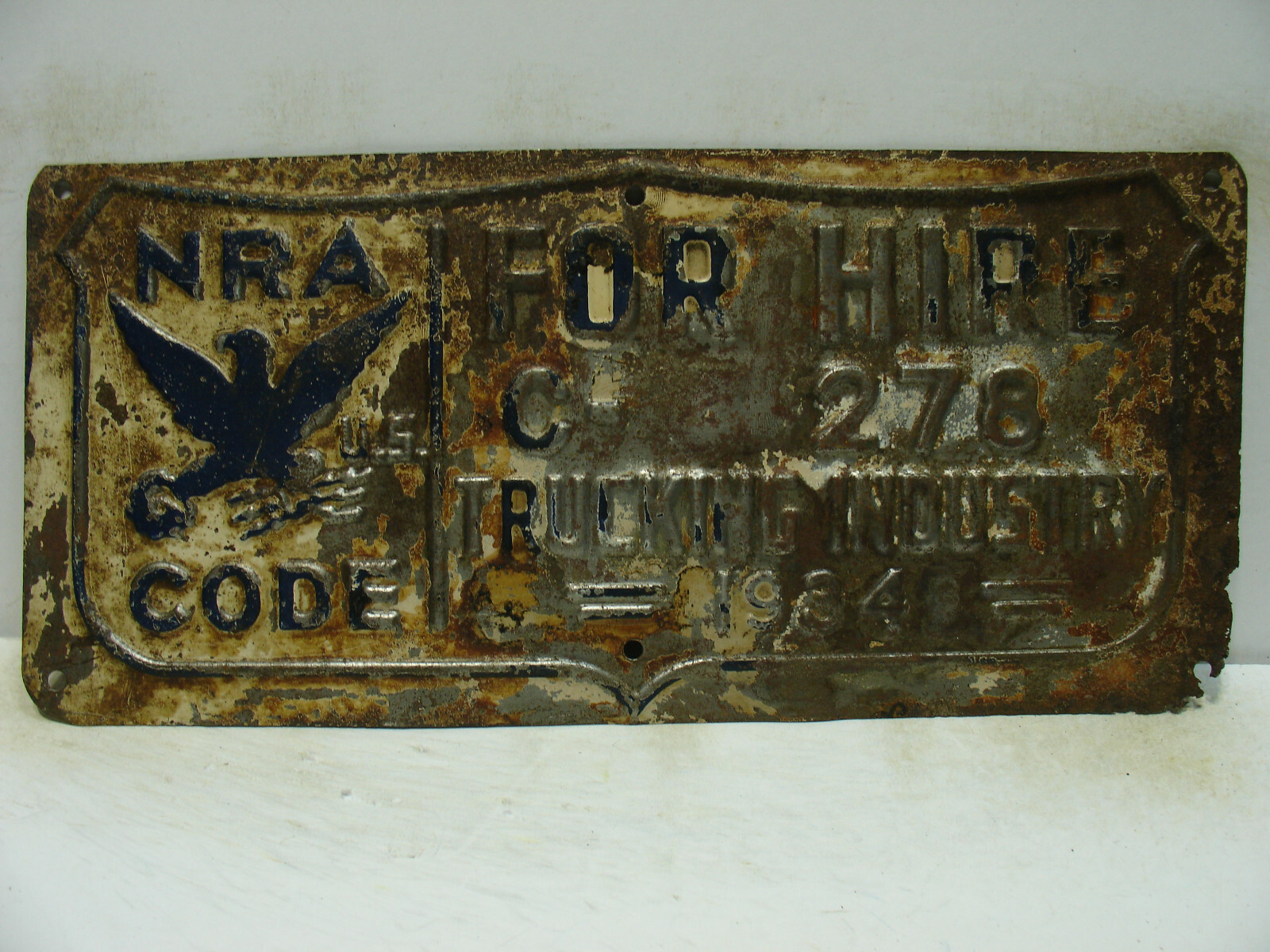 1934 NRA U.S. CODE License Plate C - 278 FOR HIRE TRUCKING INDUSTRY ...