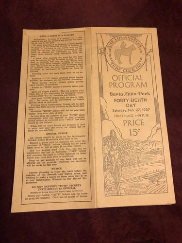 1937 Santa Anita "Big Cap" Horse Racing Program with Ticket Stub ...