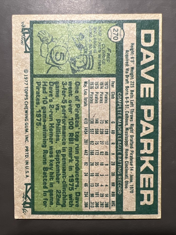 1977 Topps #270 Dave Parker Pittsburgh Pirates - Great Card - Free ...