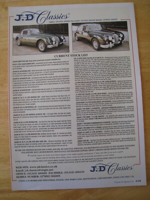 JD CLASSICS CURRENT CAR STOCK LIST JAGUAR ESSEX ADVERT A4 FILE 22 | eBay UK
