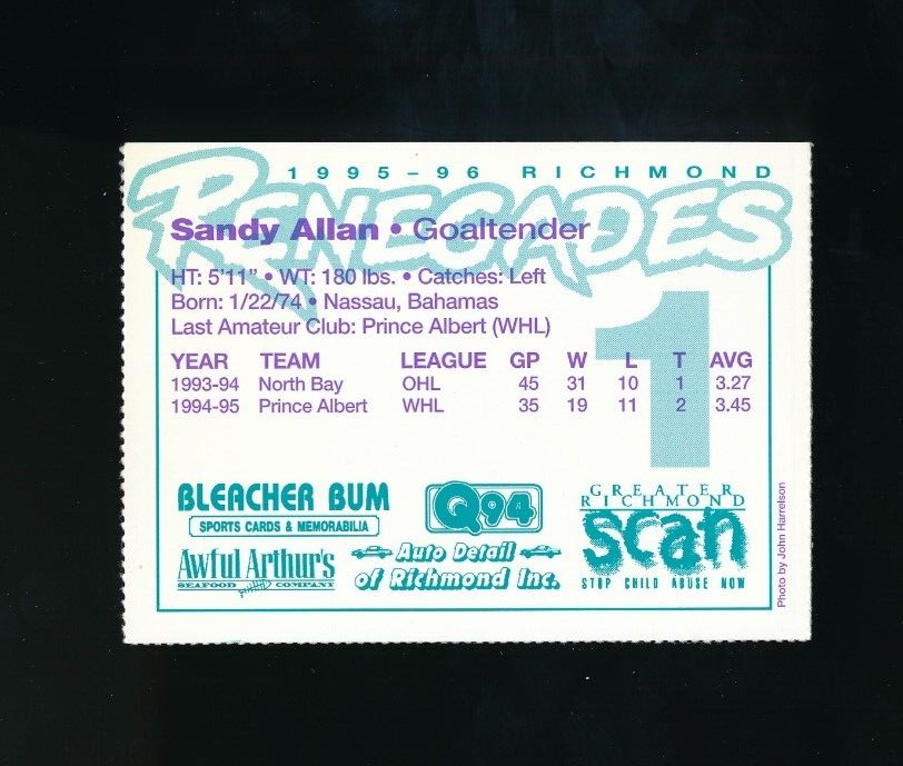 1995-96 Richmond Renegades team issue Sandy Allan Goalie rare BXCP02 | eBay