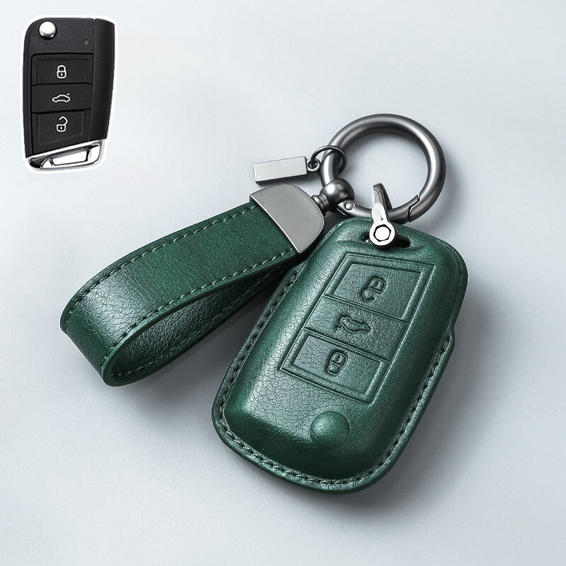 Genuine Leather Car Key Fob Case Cover For VW Tiguan Golf Polo Skoda ...