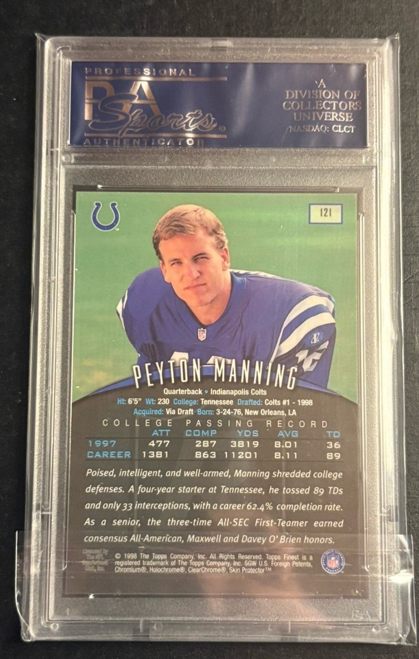PSA 10 - 1998 Topps Finest PEYTON MANNING Rookie Card RC Indianapolis ...