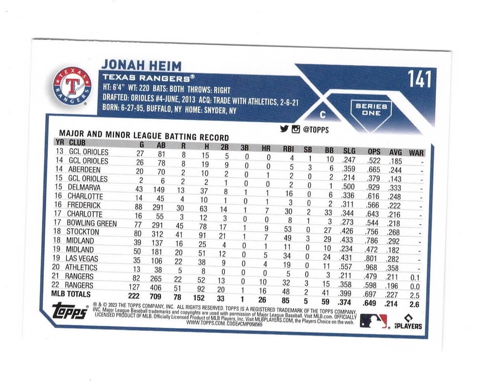 2023 Topps #141 Jonah Heim Mint | eBay