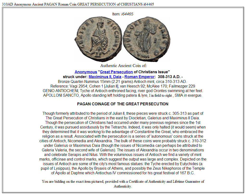 310AD Anonymous Ancient PAGAN Roman Coin GREAT PERSECUTION of ...